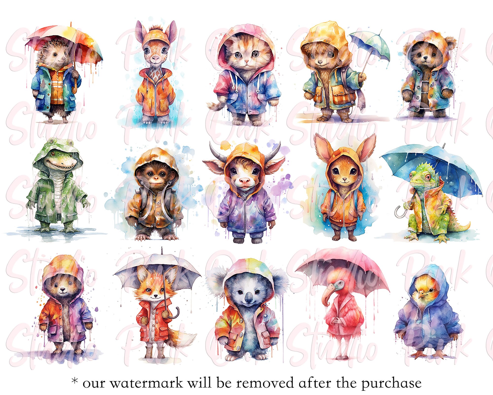 Cute Animals With Raincoat, Watercolor Clipart, PNG, Transparent ...