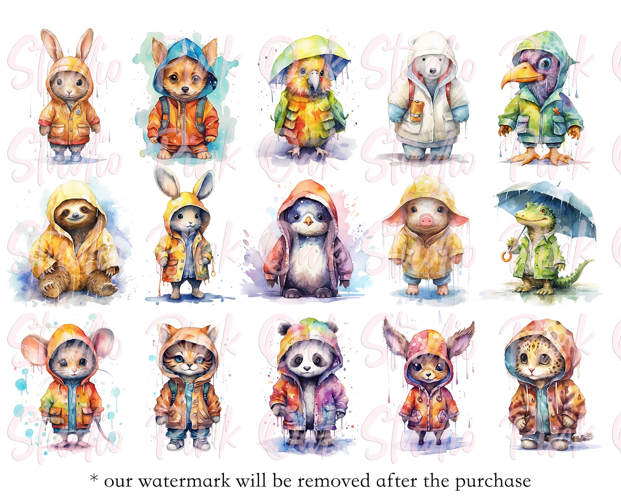 Cute Animals With Raincoat, Watercolor Clipart, PNG, Transparent ...