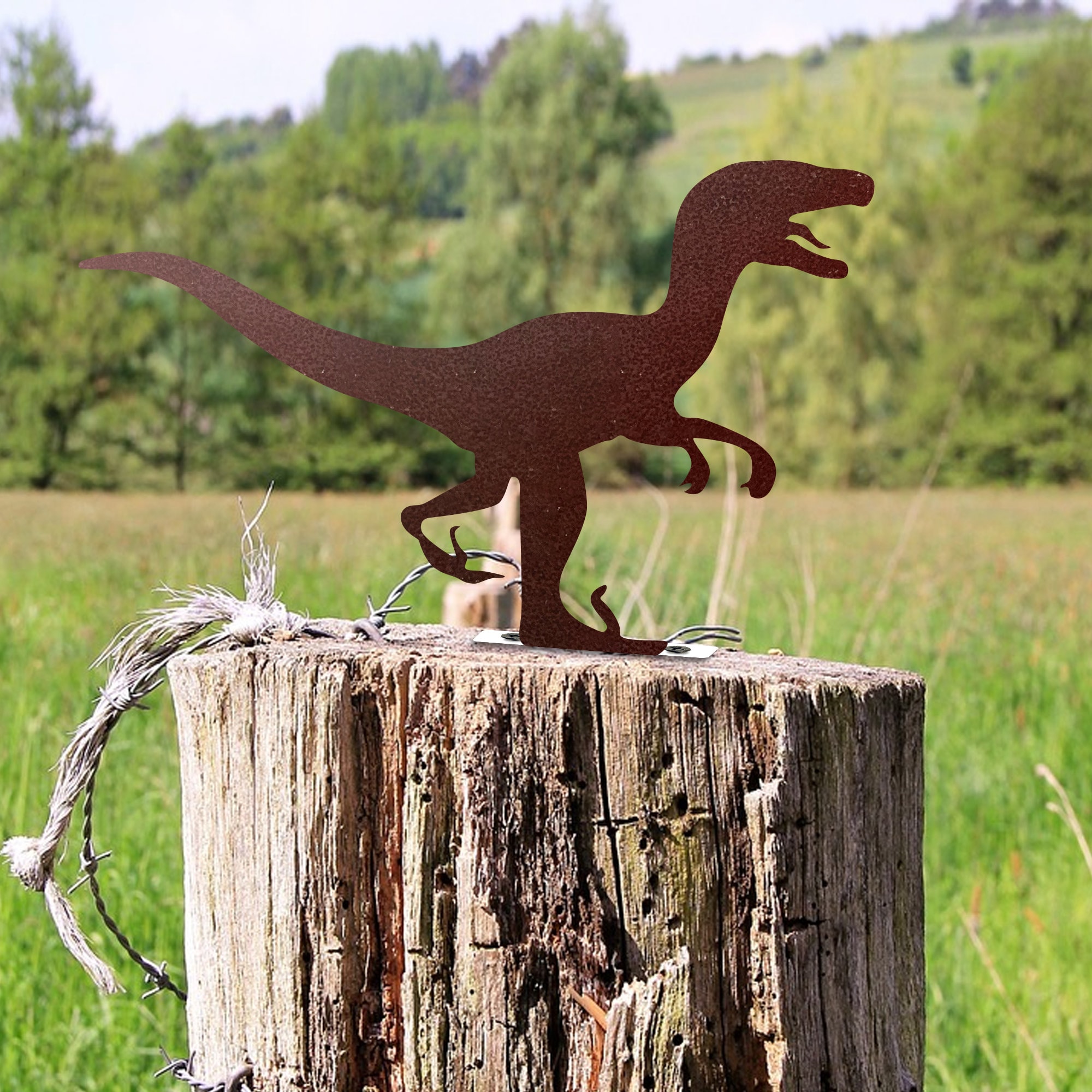 Rusty Metal Raptor Dinosaur Fence Post Topper, Rust Art Dinosaur Statue ...