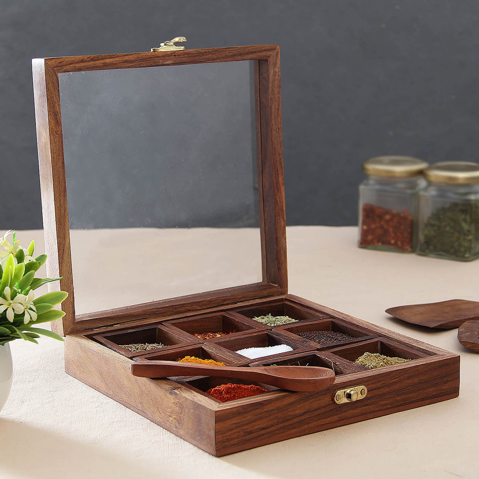 Handcrafted Wooden Spices 9 Partitions Container With Spoon, Beautiful ...