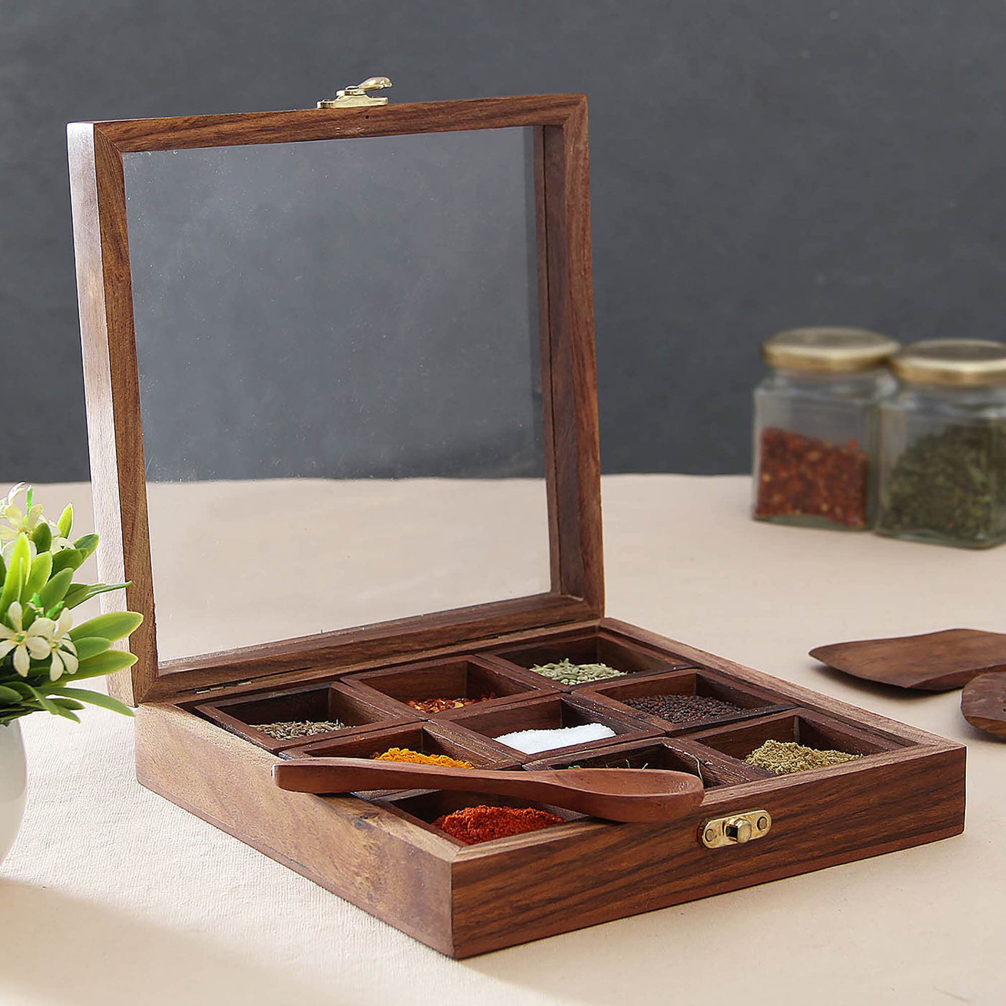 Handcrafted Wooden Spices 9 Partitions Container With Spoon, Beautiful ...