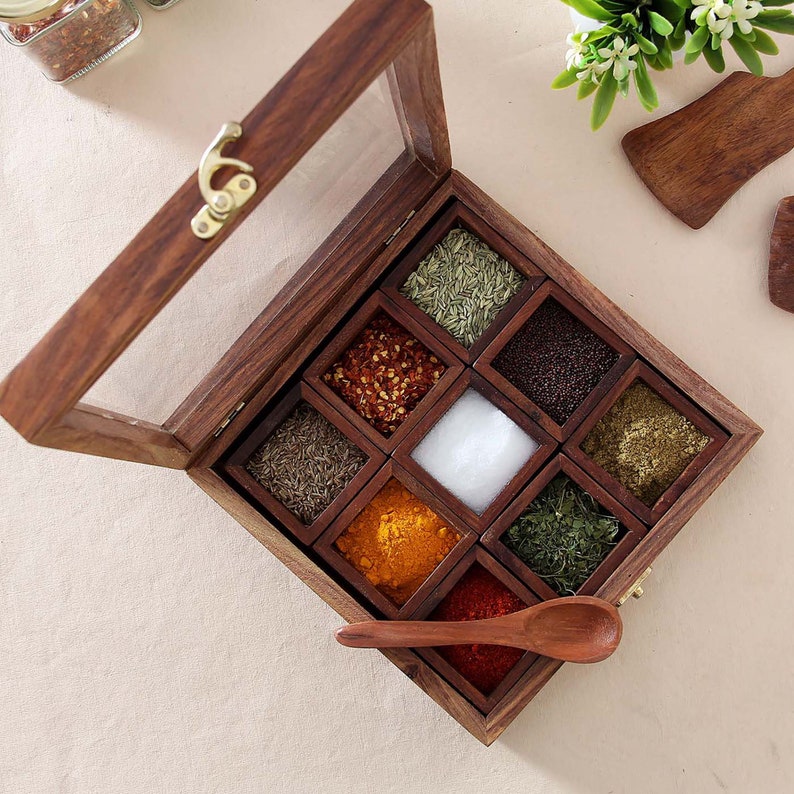 Handcrafted Wooden Spices 9 Partitions Container With Spoon, Beautiful ...