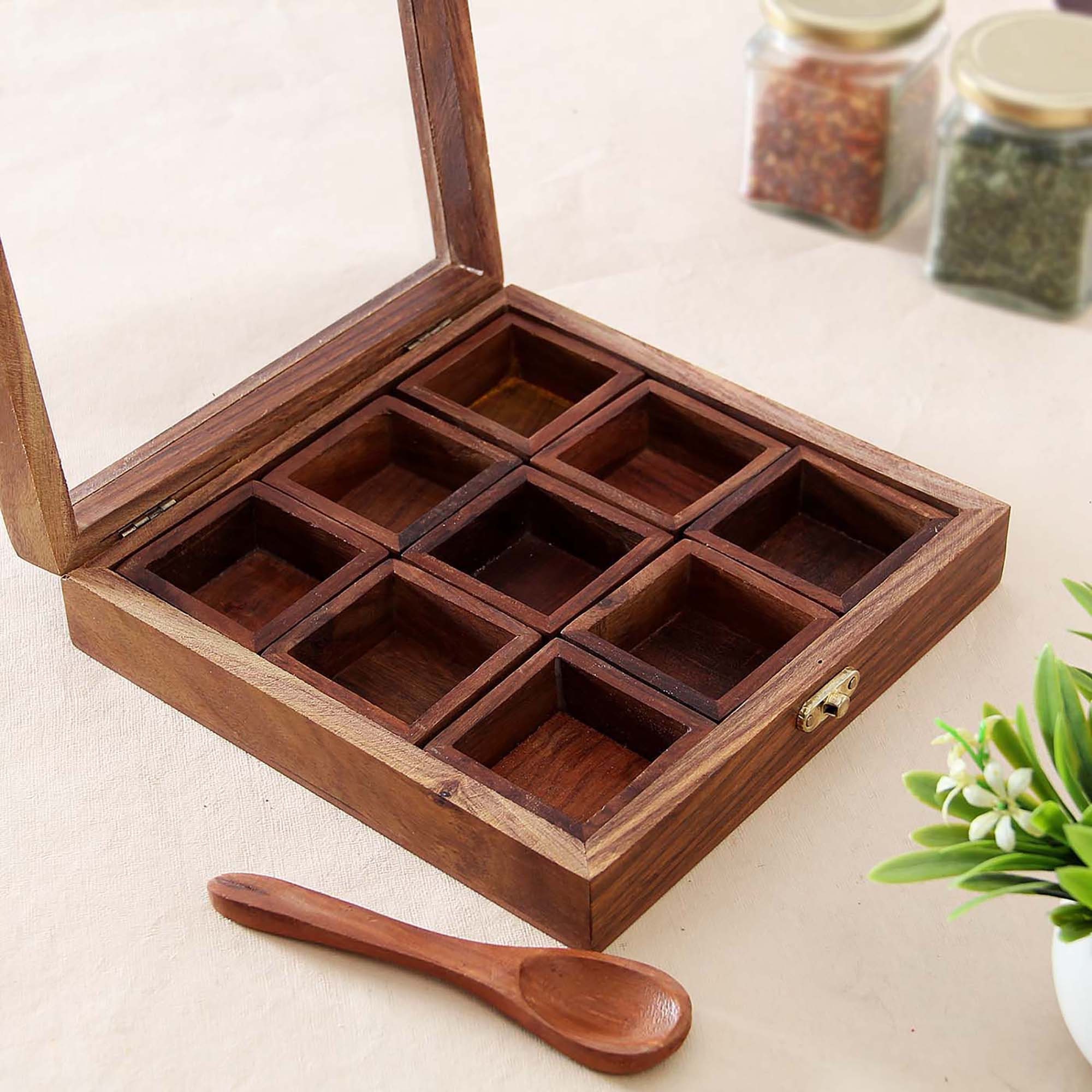 Handcrafted Wooden Spices 9 Partitions Container With Spoon, Beautiful ...