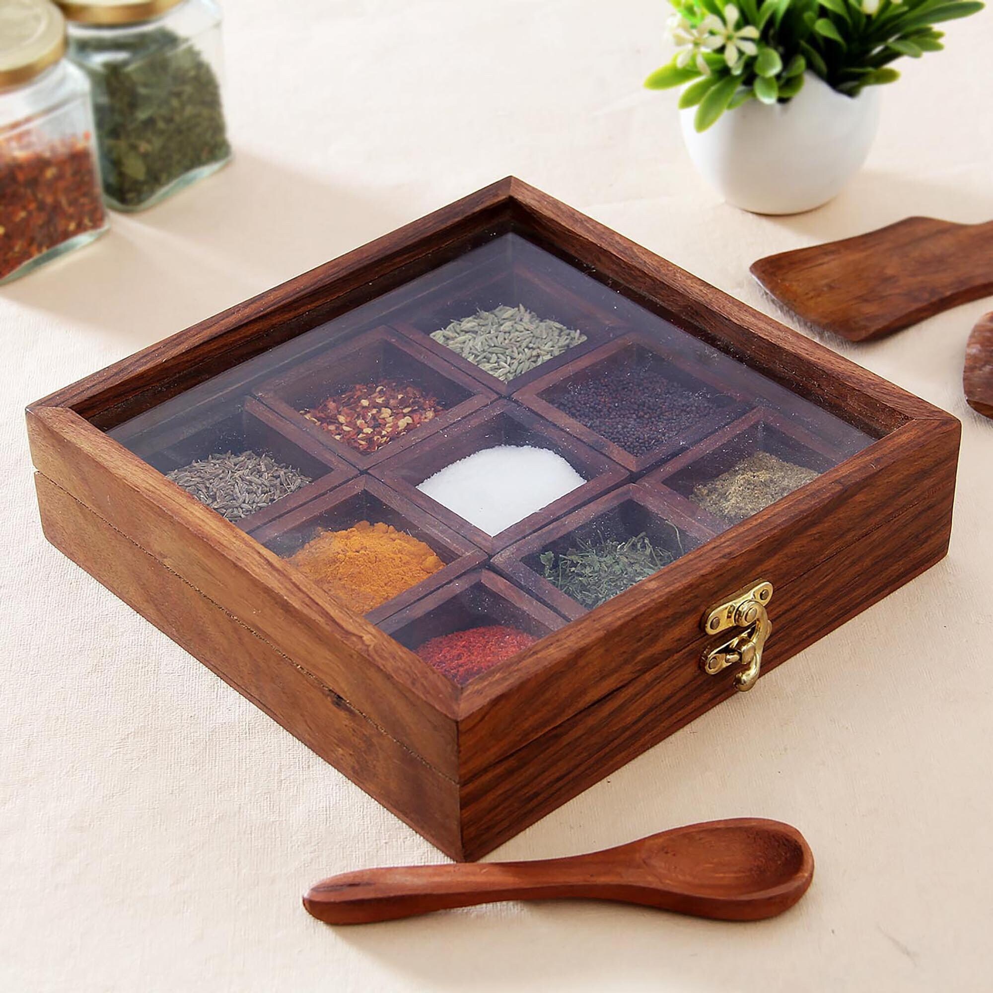 Handcrafted Wooden Spices 9 Partitions Container With Spoon, Beautiful ...