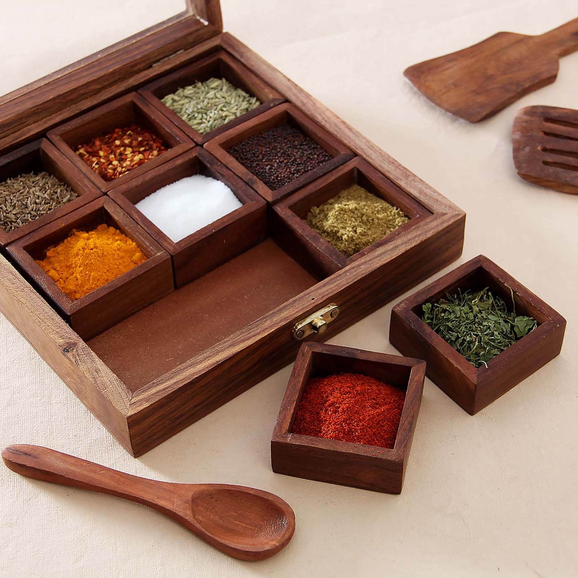 Handcrafted Wooden Spices 9 Partitions Container With Spoon, Beautiful ...