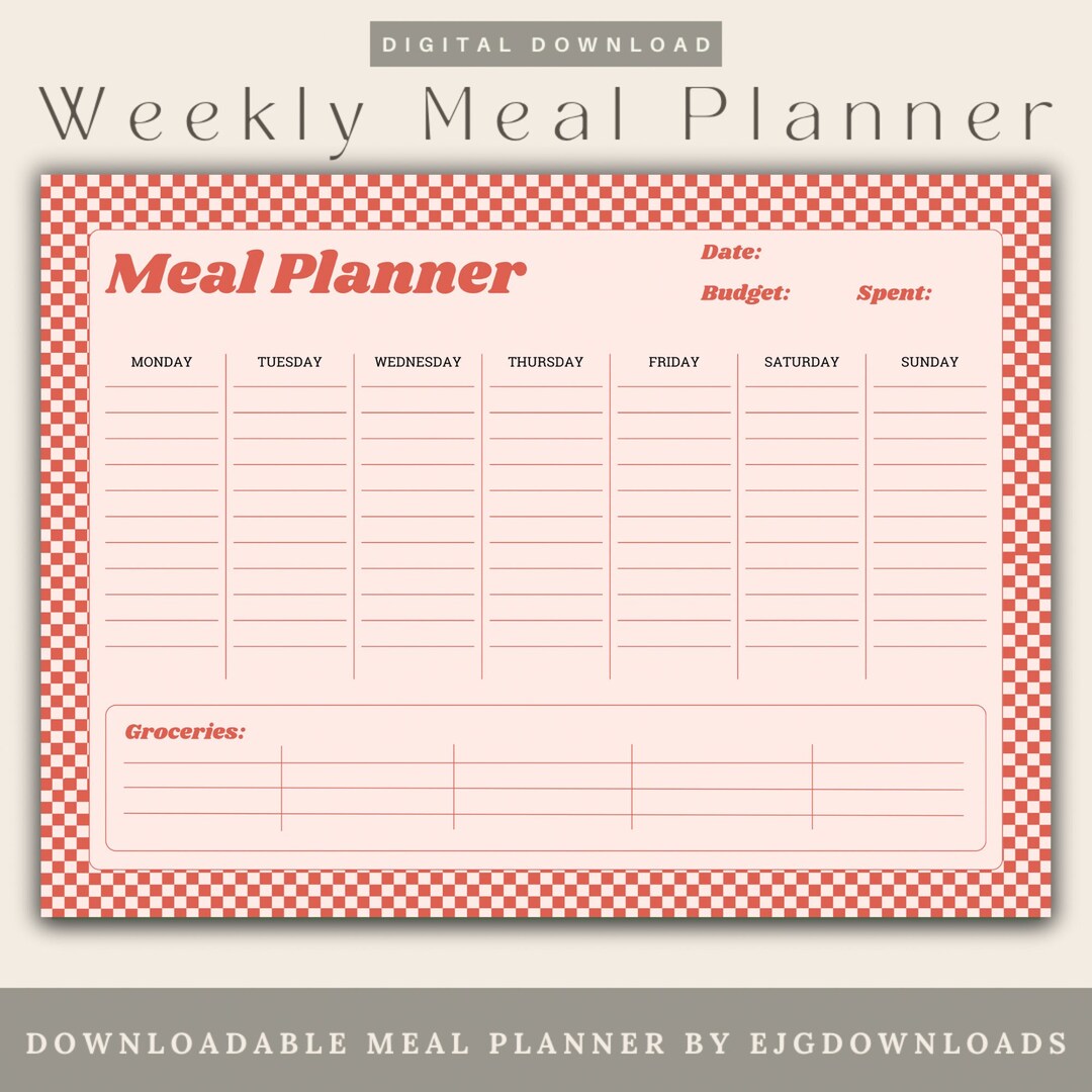 PRINTABLE Colourful Pink Weekly Meal Planner for Meal Prep Organisation ...