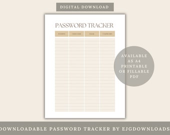 Printable Fillable Minimalist Password Tracker | Password Log | Digital ...