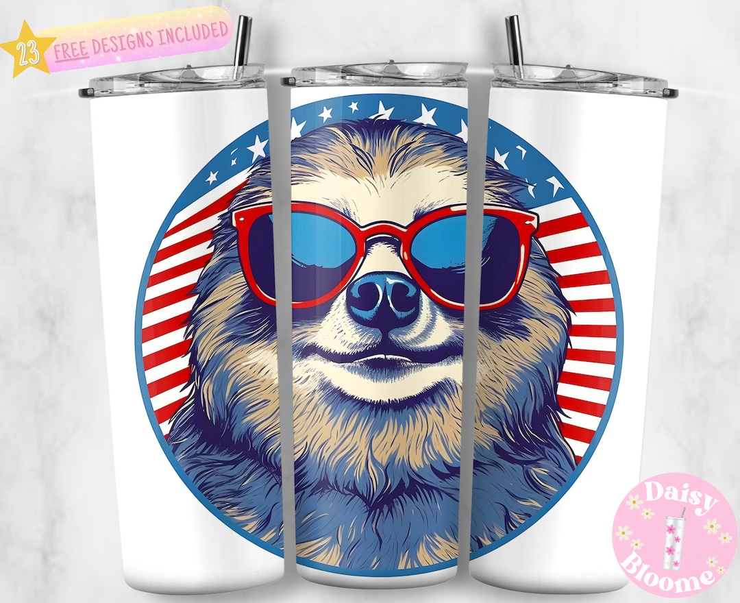 Cool Sloth American Flag 20 Oz Skinny Tumbler Sublimation Design, Cute ...