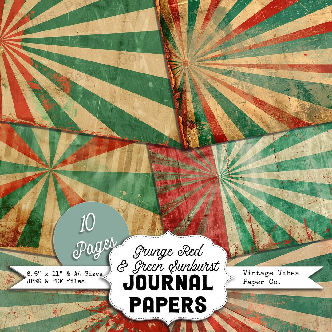 Red & Green Shabby Sunburst Backgrounds Junk Journal Digital Papers ...