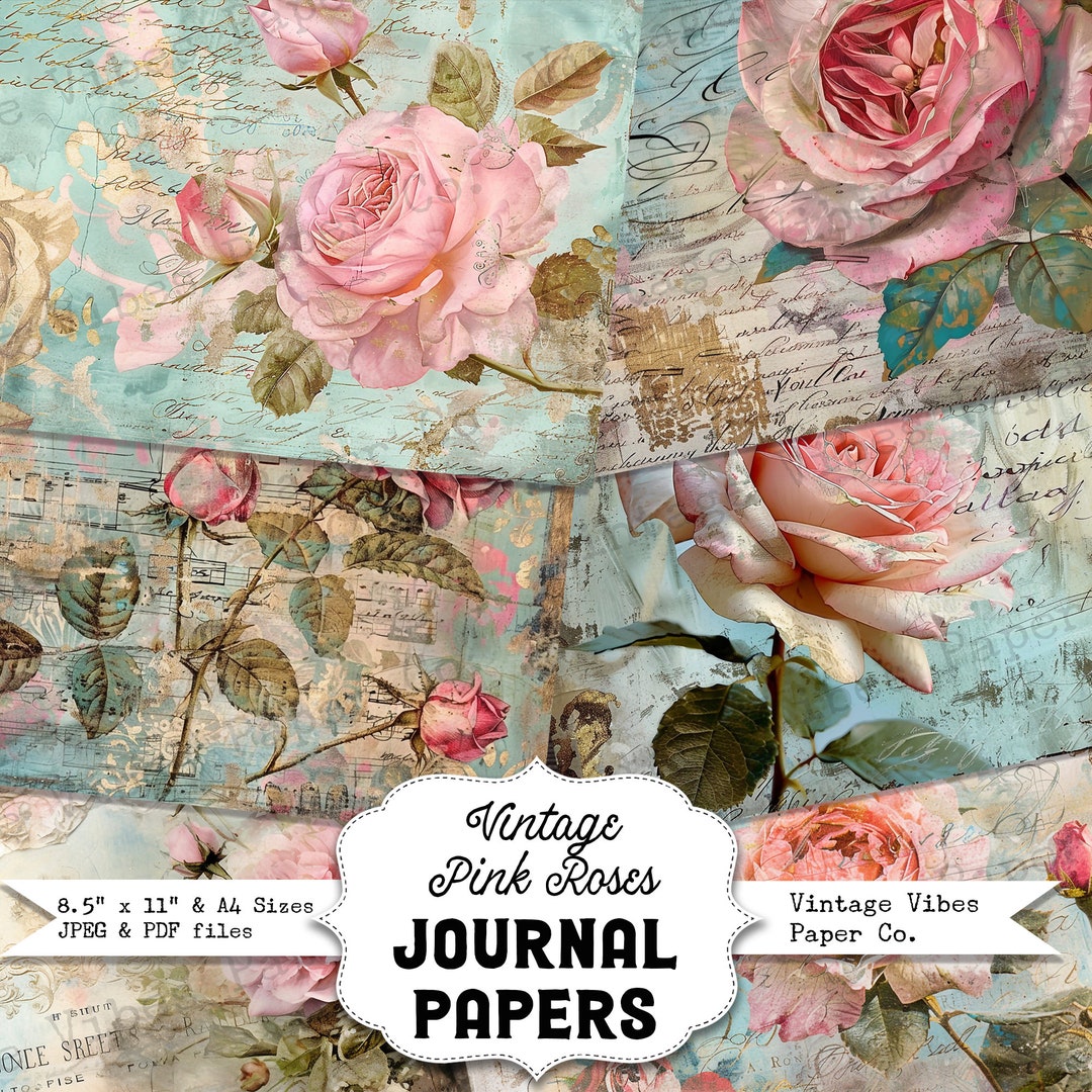 Junk Journal Paper Vintage Pink Roses Florals, Summer Rose Grunge ...