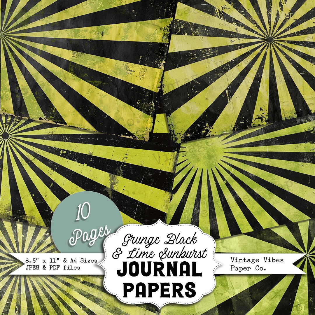 Lime & Black Shabby Sunburst Backgrounds Junk Journal Digital Papers ...