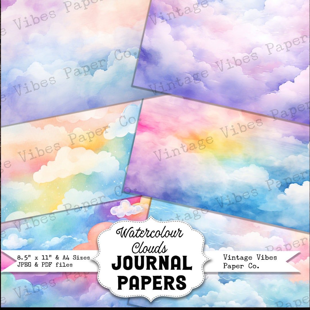 Junk Journal Background Papers Watercolour Clouds, Pastel Digital ...