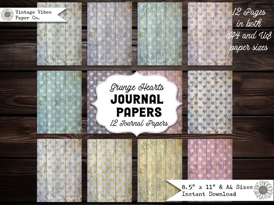 Grunge Hearts Junk Journal Digital Paper Pack, Wood Textured Grunge ...