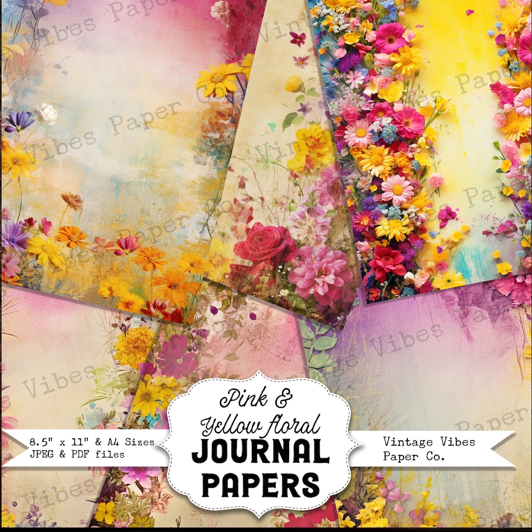 Pink and Yellow Floral Junk Journal Papers, Bright Summer Flower ...