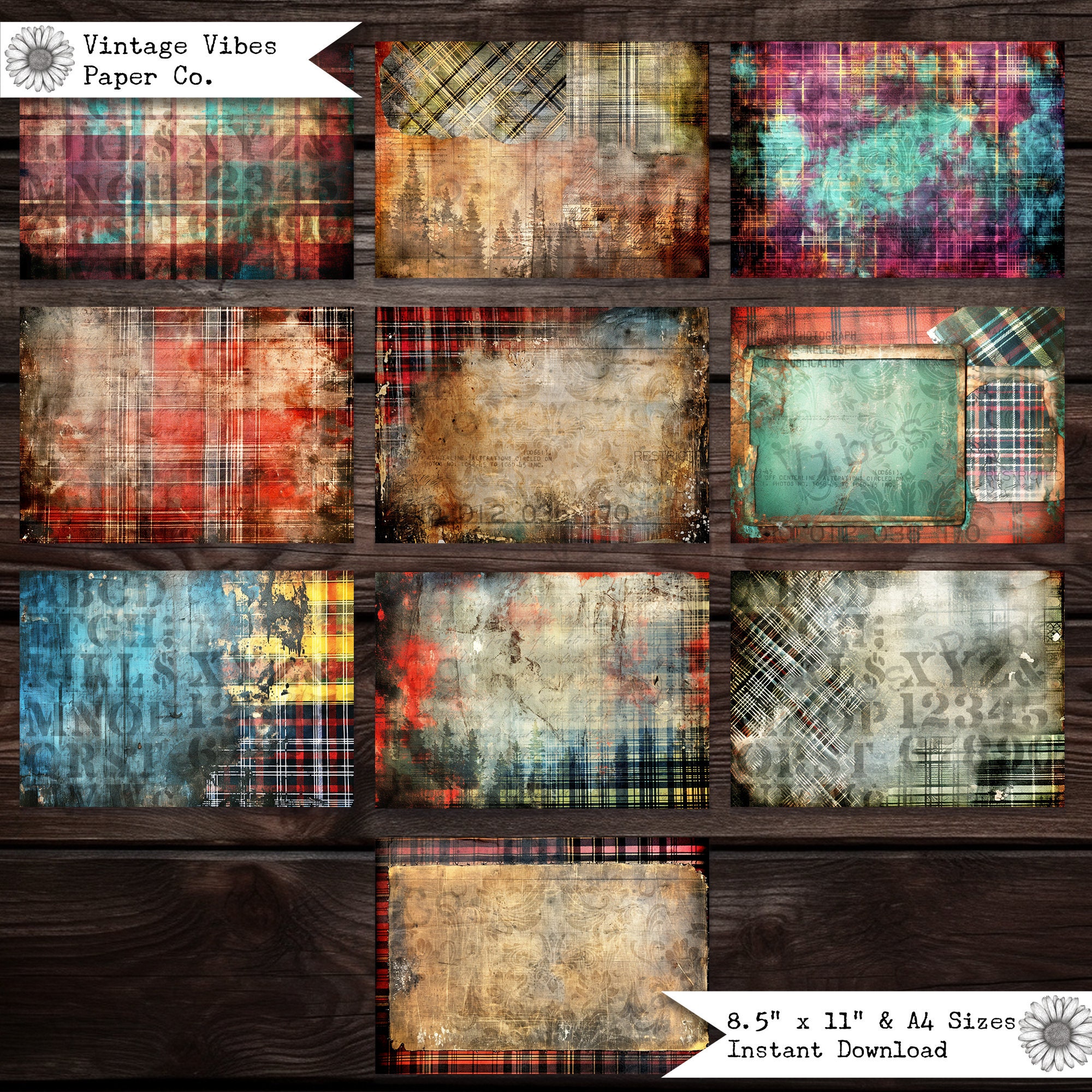Rustic Grunge Digital Paper Pack, Textured Grungy Tartan Printable ...