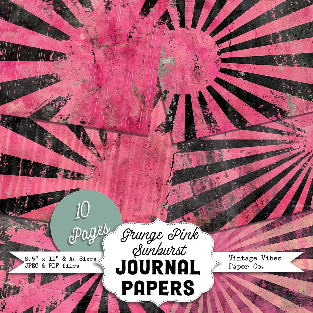 Pink & Black Shabby Sunburst Backgrounds Junk Journal Digital Papers ...