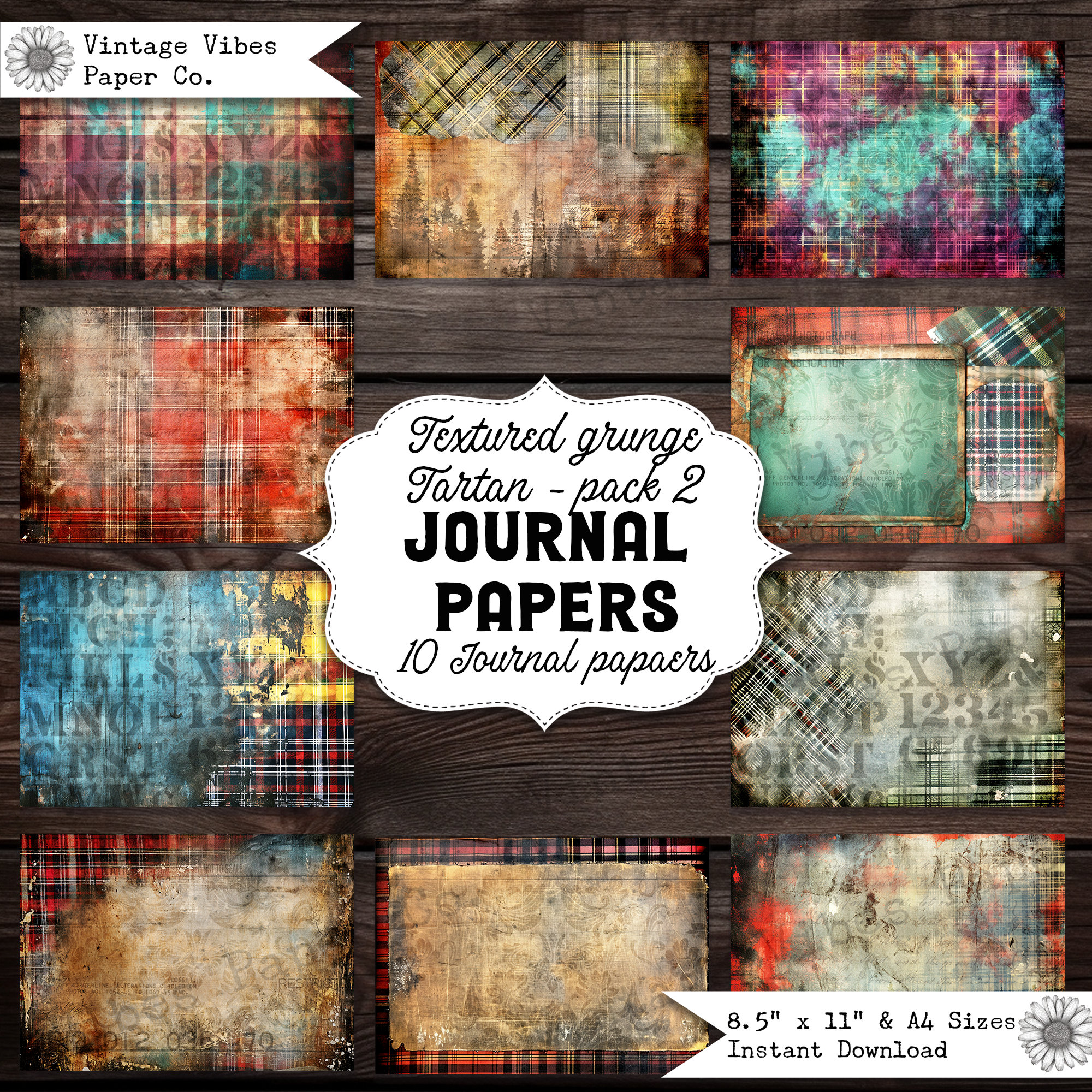 Rustic Grunge Digital Paper Pack, Textured Grungy Tartan Printable ...