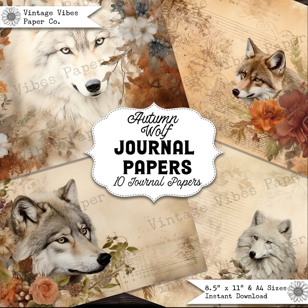 Autumn Wolf Junk Journal Papers, Fall Themed Wolves Digital Printable ...