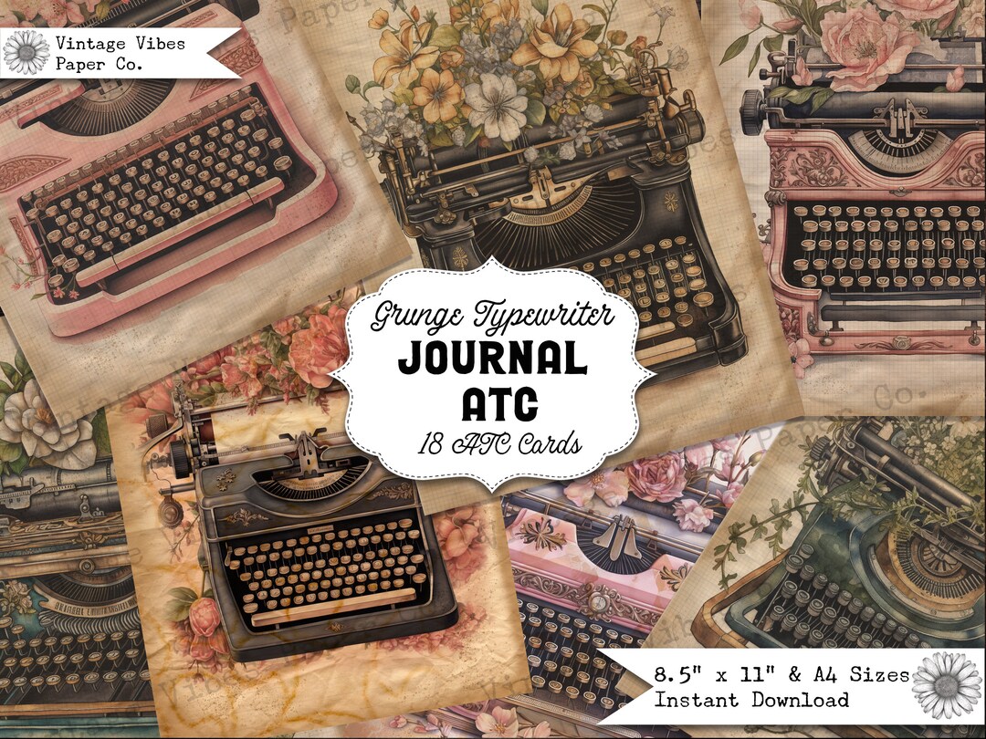 Junk Journal ATC Cards Vintage Type Writer, Shabby Floral Pack Junk ...