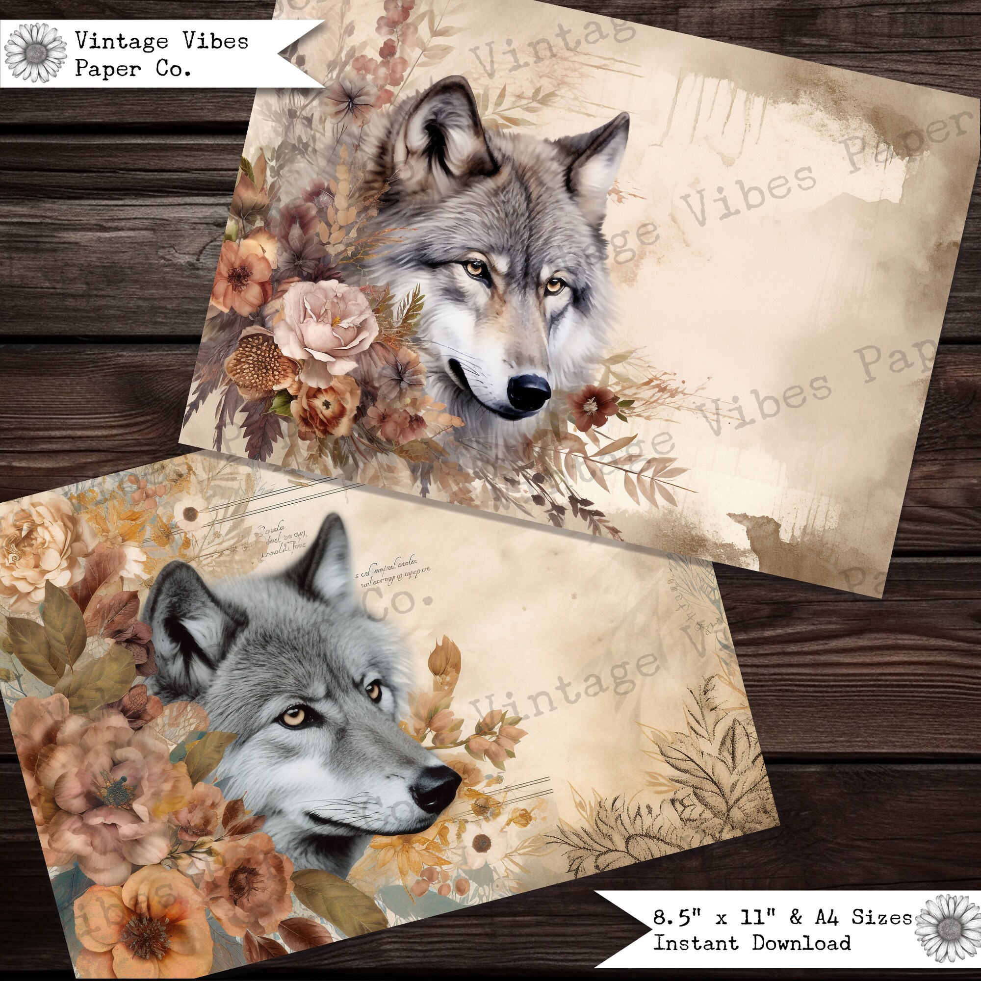 Junk Journal Papers Autumn Wolf Digital Paper Pack, Junk Journal ...