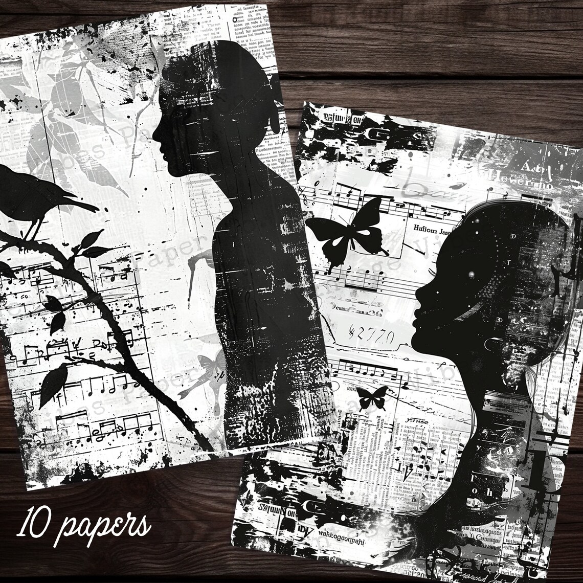 Black & White Ink Saver Grunge Silhouette Junk Journal Printable Papers ...
