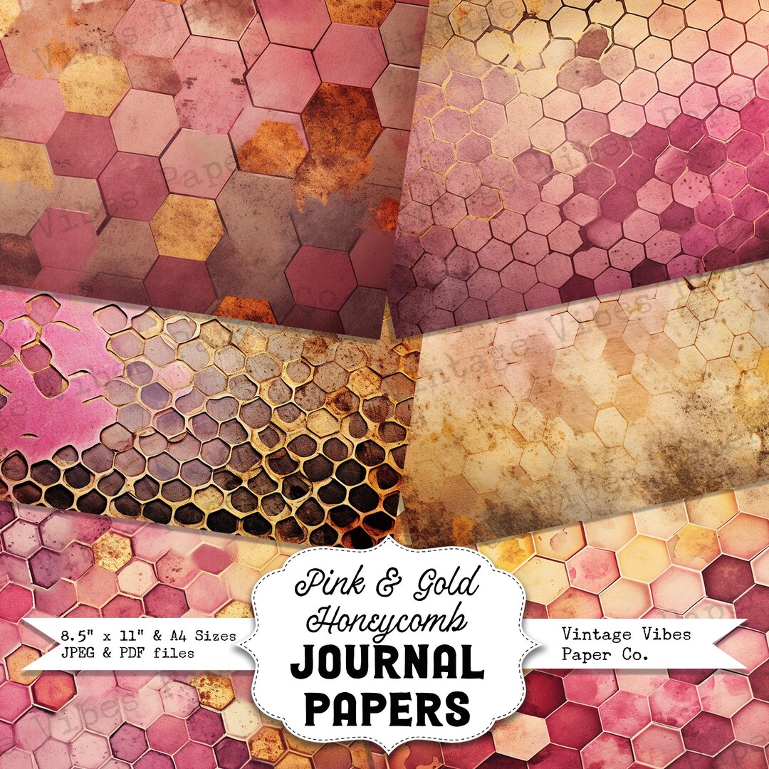 Pink & Gold Honeycomb Grunge Junk Journal Digital Papers, Hexagon ...