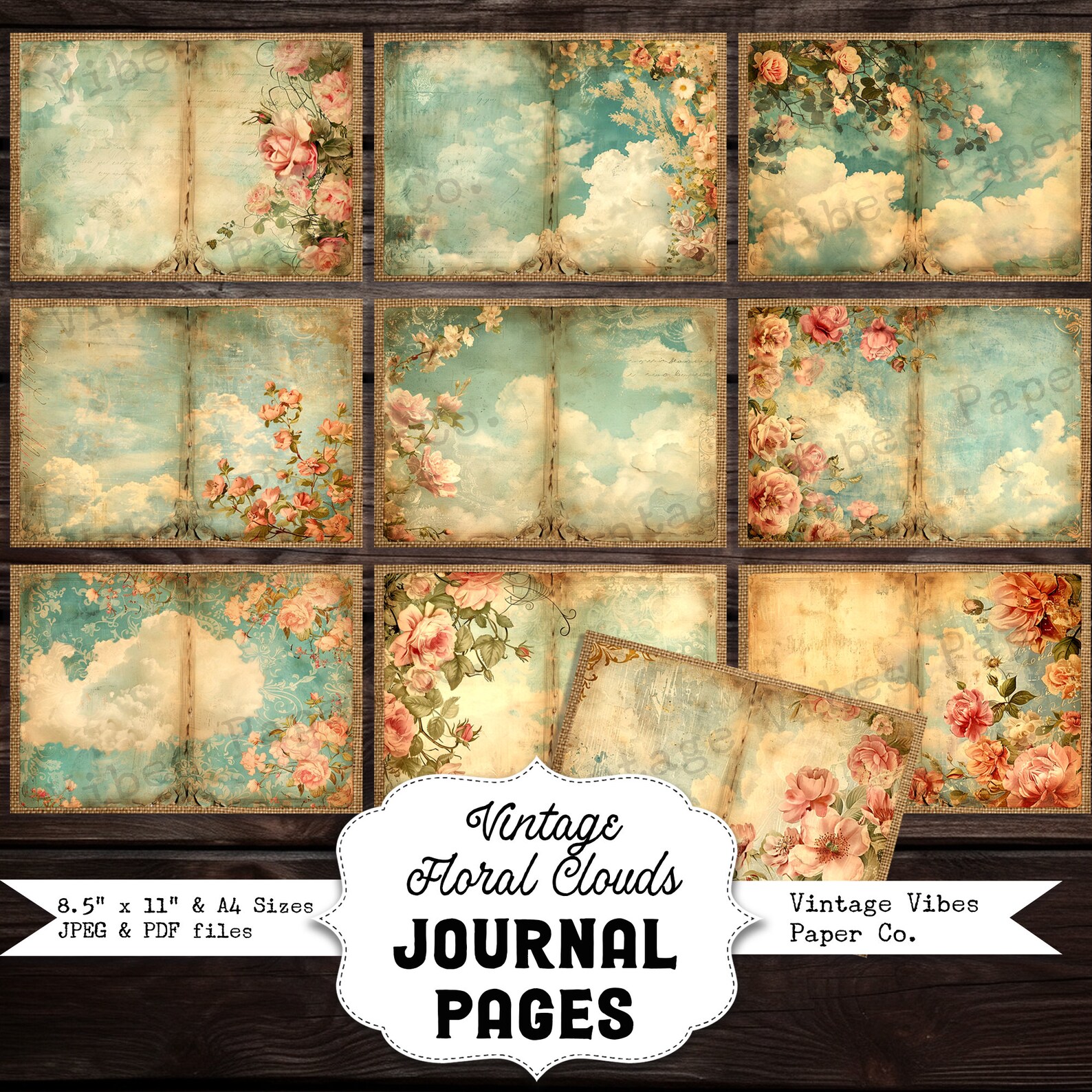Vintage Floral Clouds Junk Journal Page Spreads, Botanical Flowery ...