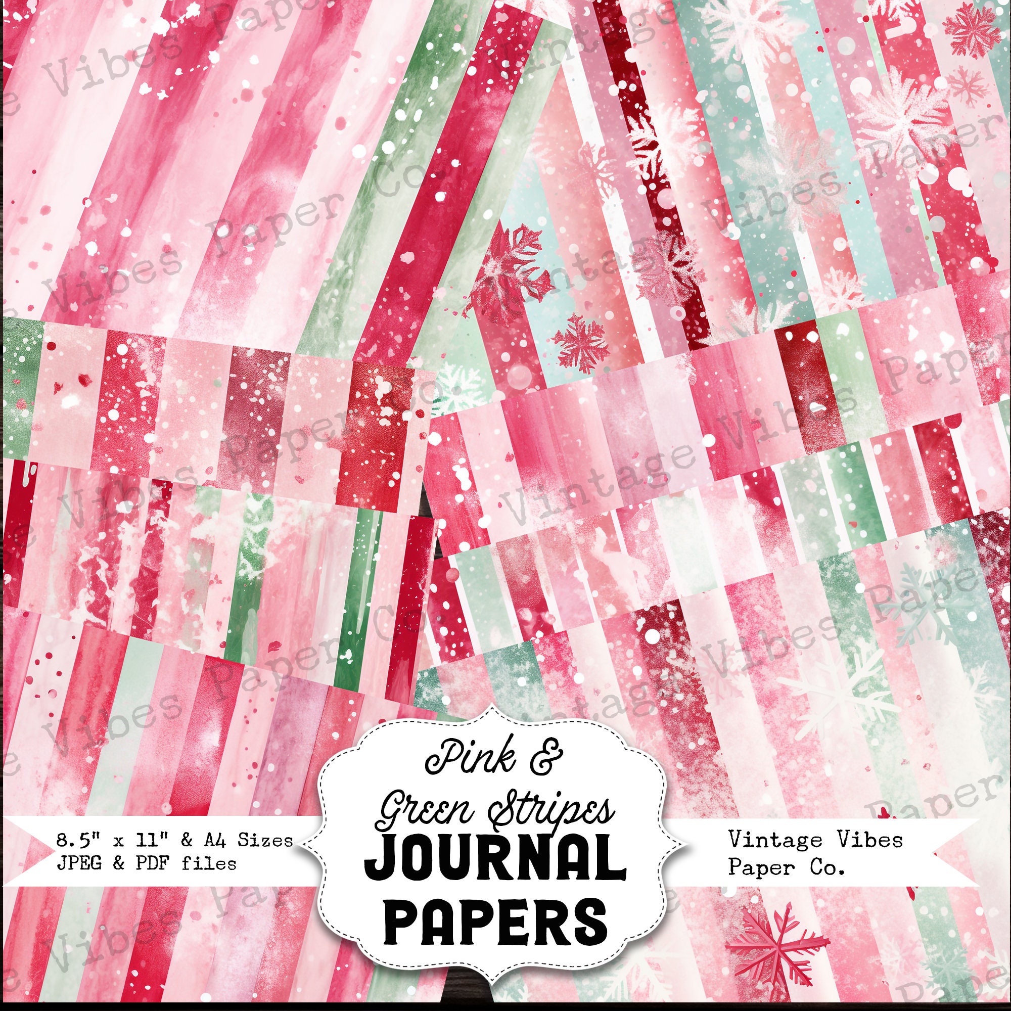 Pink & Green Grunge Candy Stripe Christmas Junk Journal Papers, Digital ...