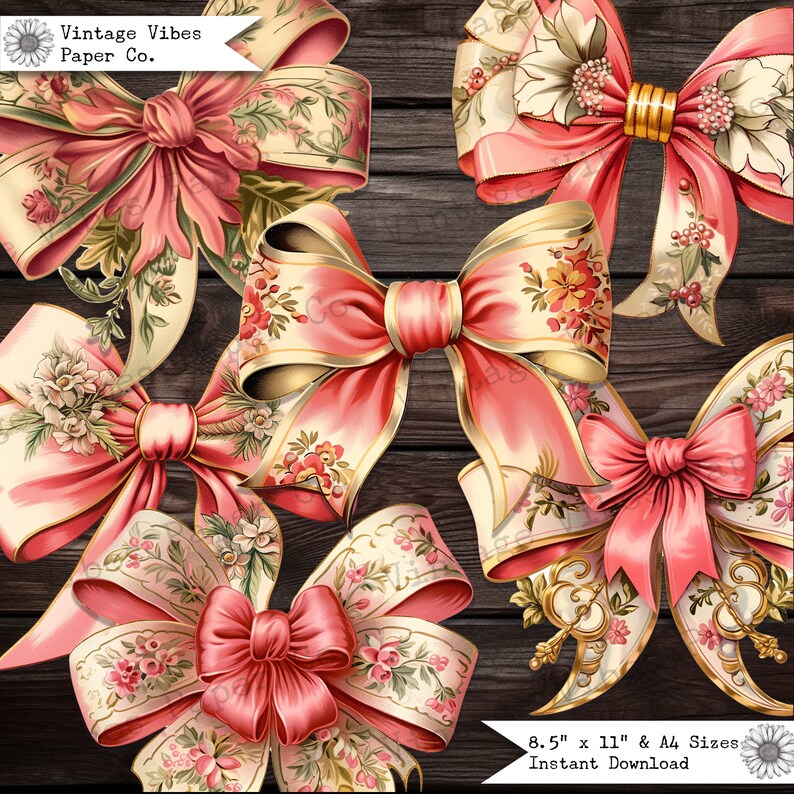 Junk Journal Fussy Cut Ephemera Vintage Pink Bows, Digital Vintage ...
