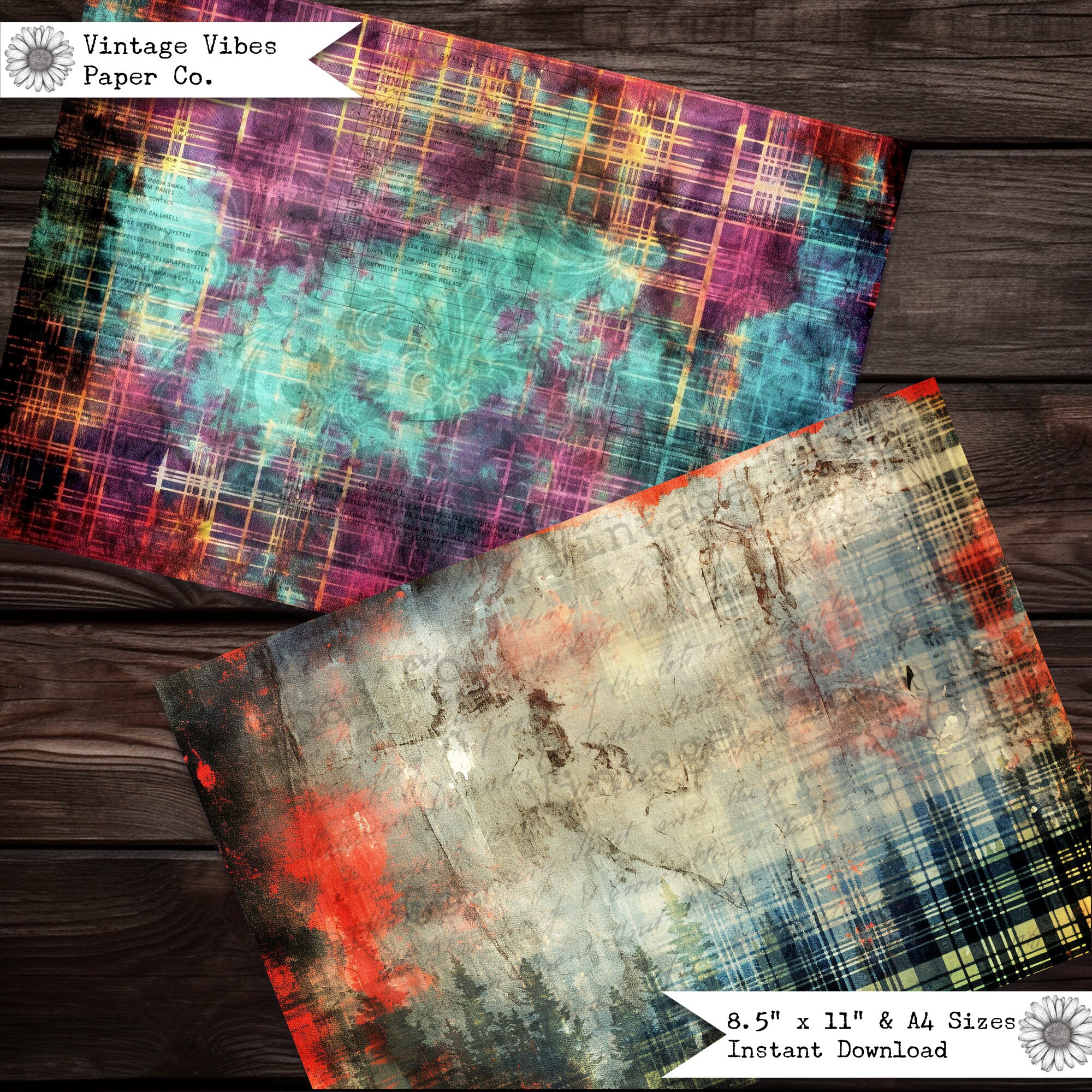 Rustic Grunge Digital Paper Pack, Textured Grungy Tartan Printable ...