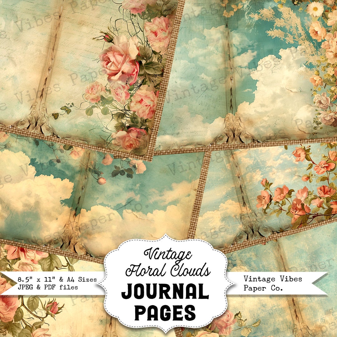 Vintage Floral Clouds Junk Journal Page Spreads, Botanical Flowery ...