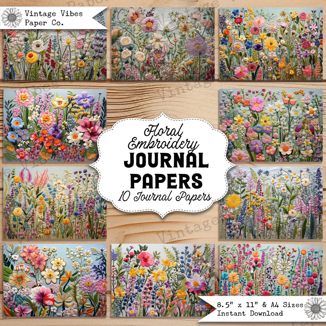 Floral Embroidery Papers Digital Pack, Vintage-style Sewing Collection ...