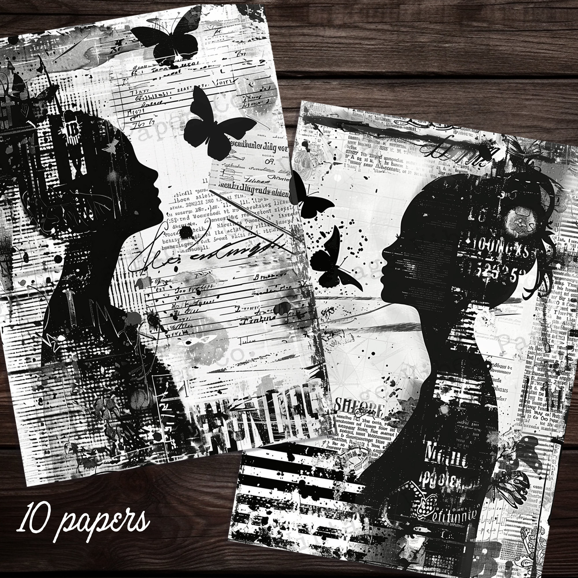 Black & White Ink Saver Grunge Silhouette Junk Journal Printable Papers ...