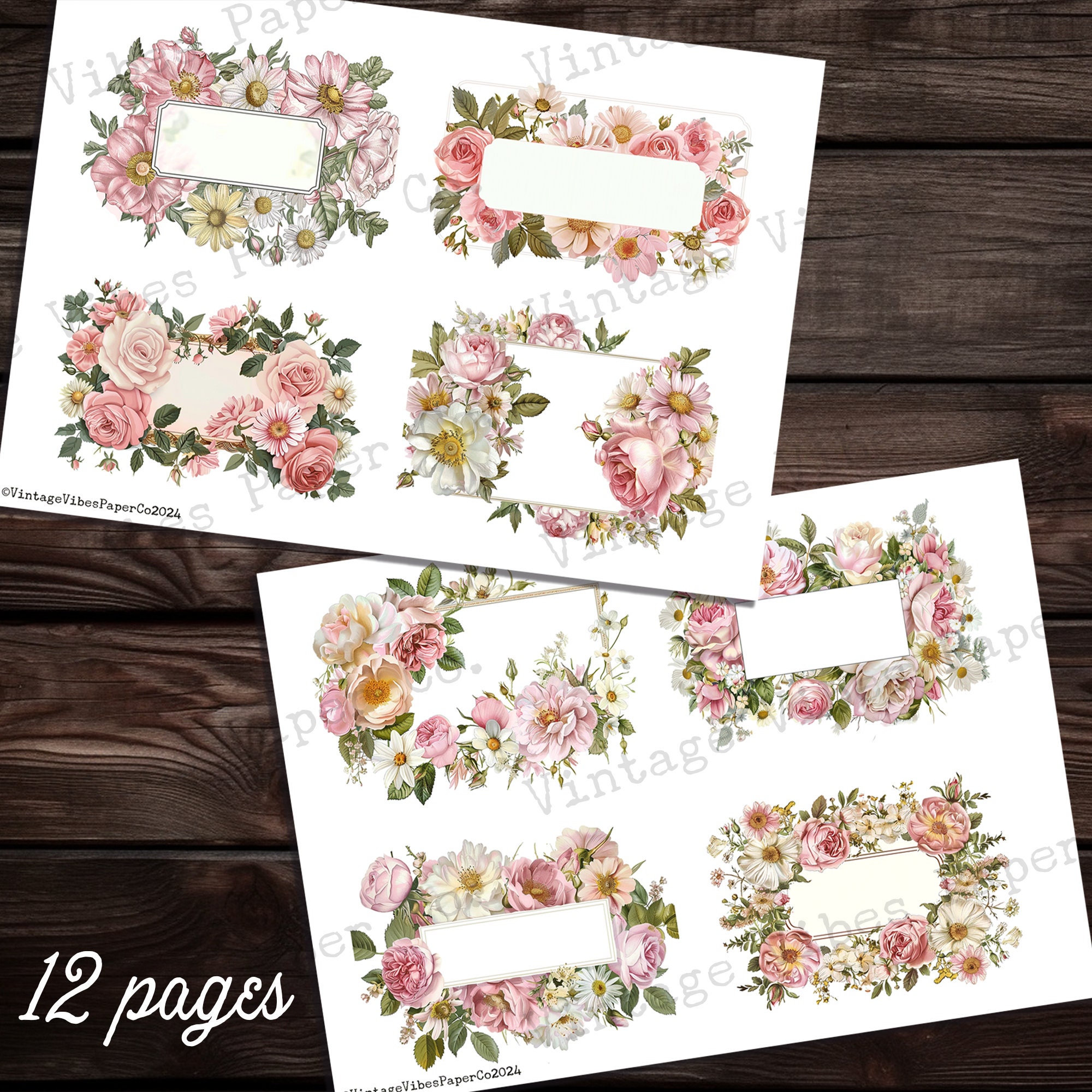 Pink Junk Journal Labels Blank Vintage Style Floral Ephemera Fussy Cut ...