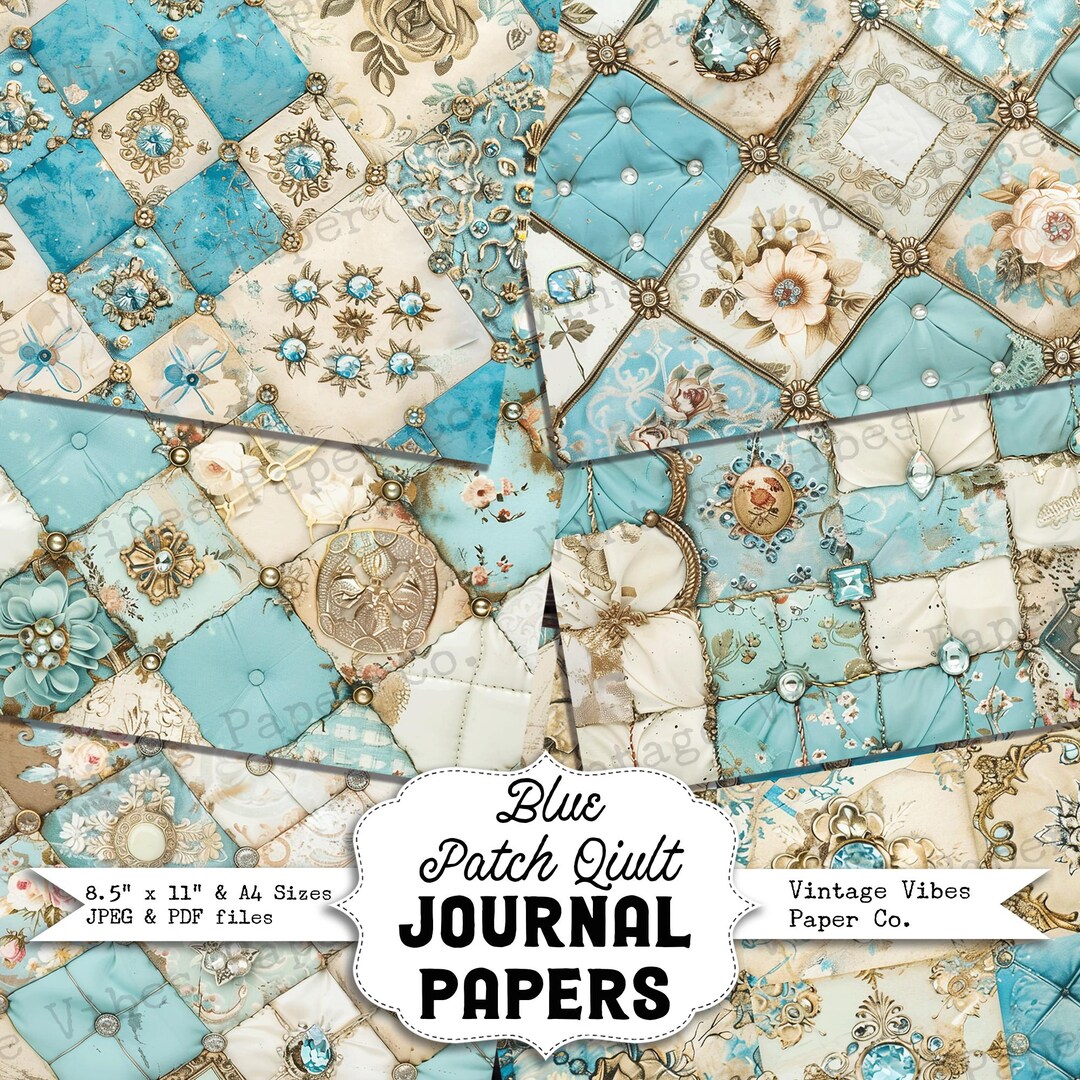 Blue Patchwork Junk Journal Papers, Collage Mixed Media Digital Paper ...