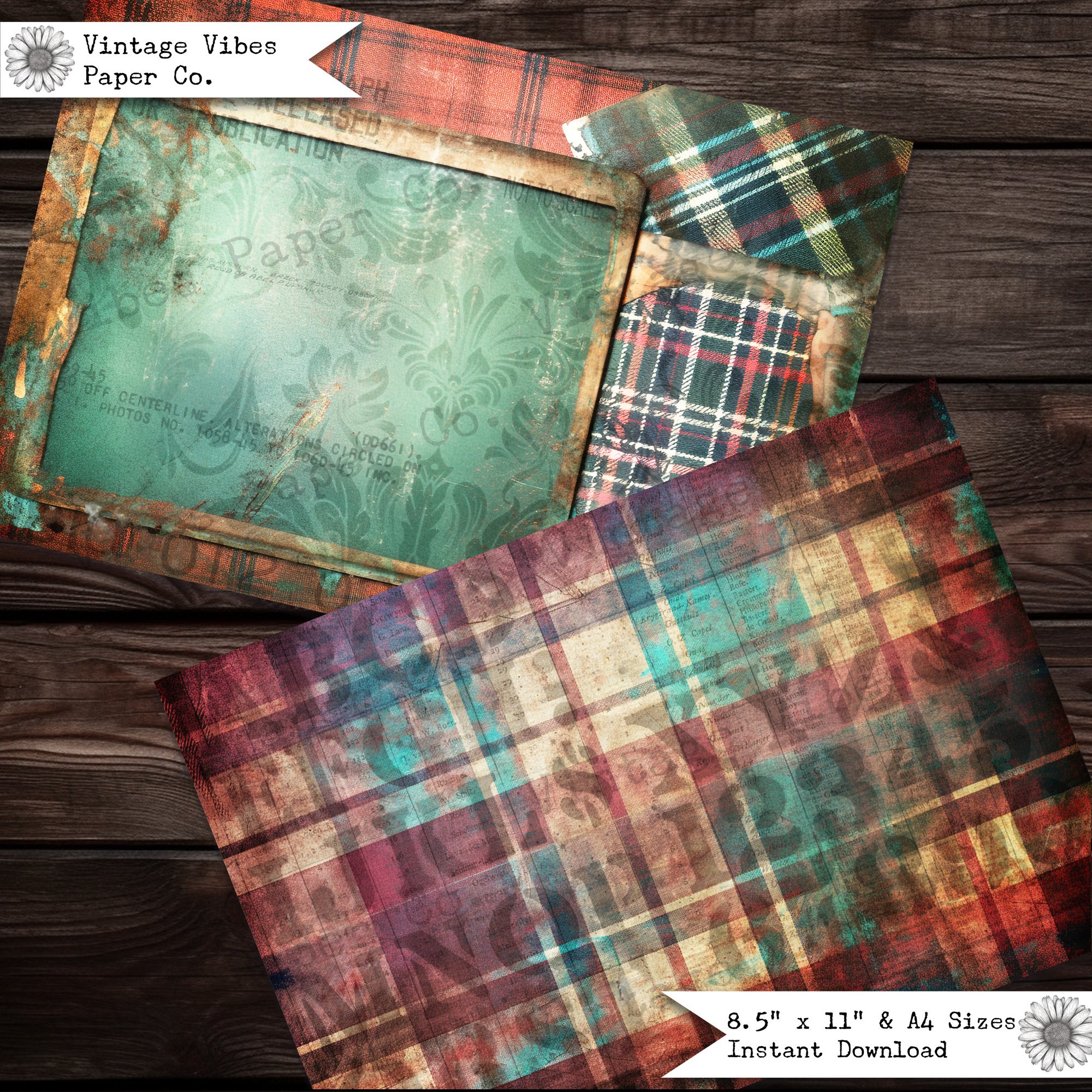 Rustic Grunge Digital Paper Pack, Textured Grungy Tartan Printable ...