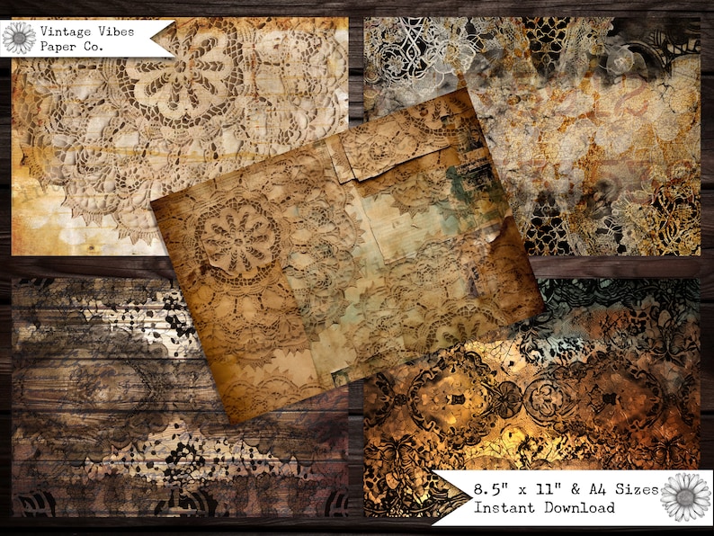 Junk Journal Papers Grungy Vintage Lace Backgrounds, Grunge Texture ...