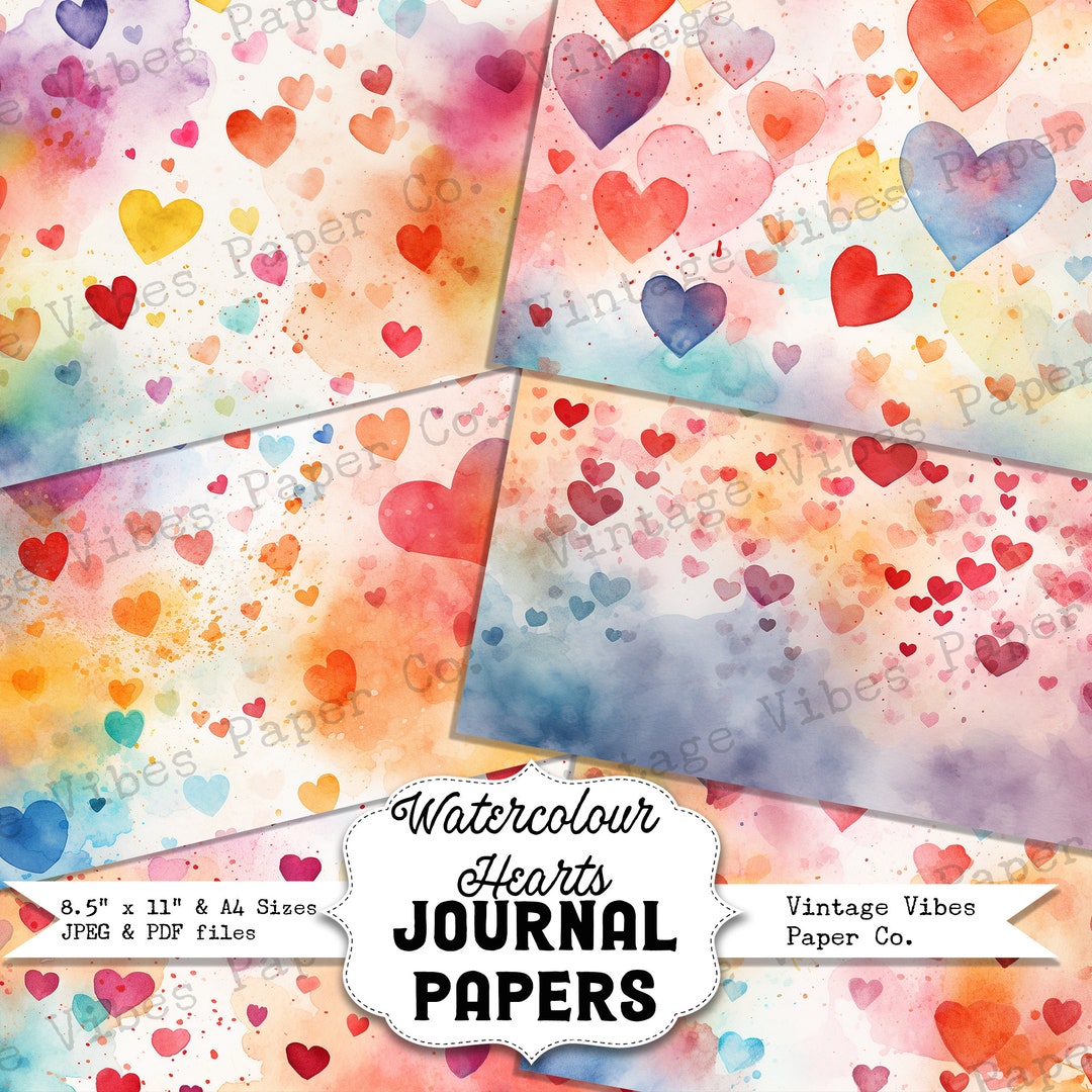Watercolour Hearts Junk Journal Printable Paper, Instant Download ...