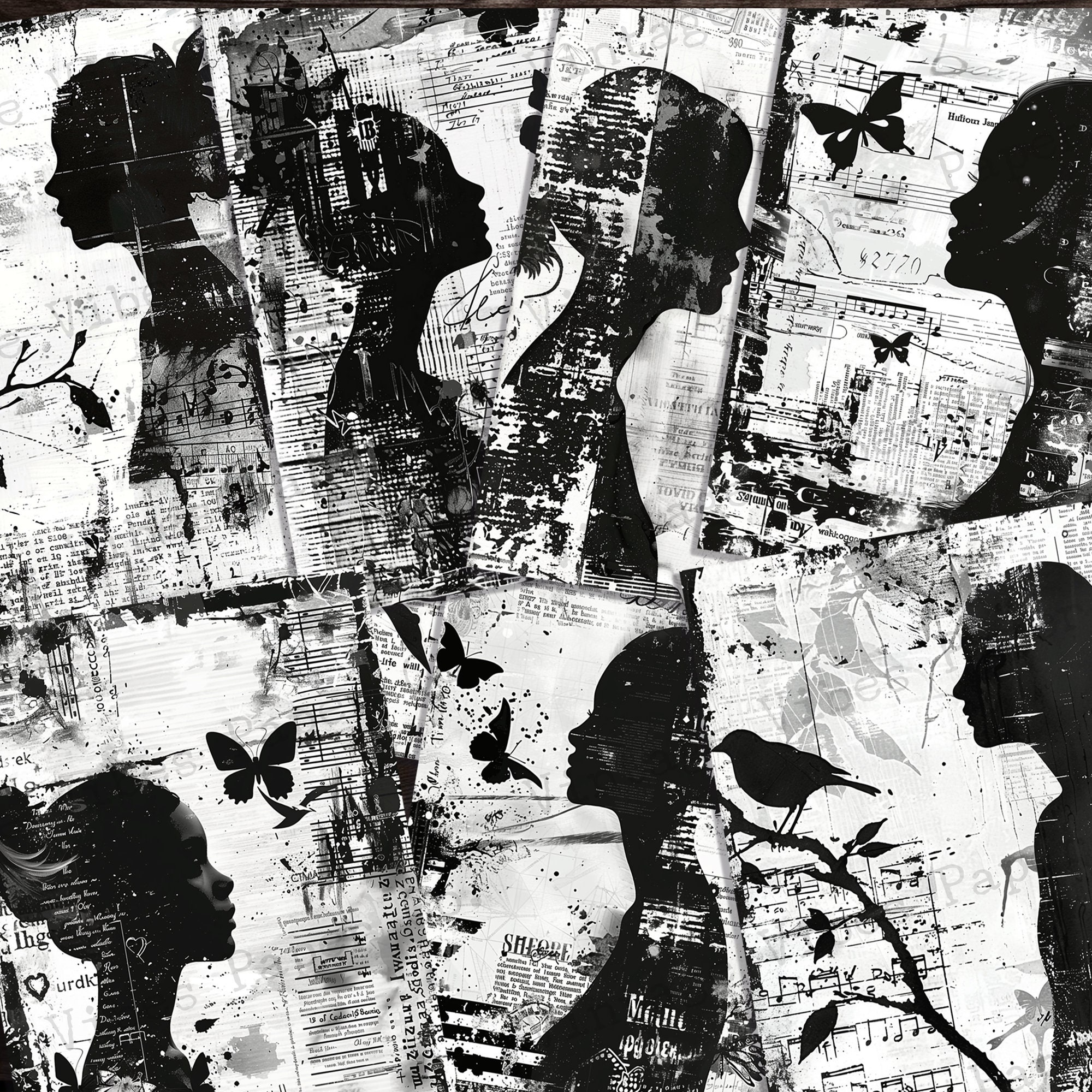 Black & White Ink Saver Grunge Silhouette Junk Journal Printable Papers ...