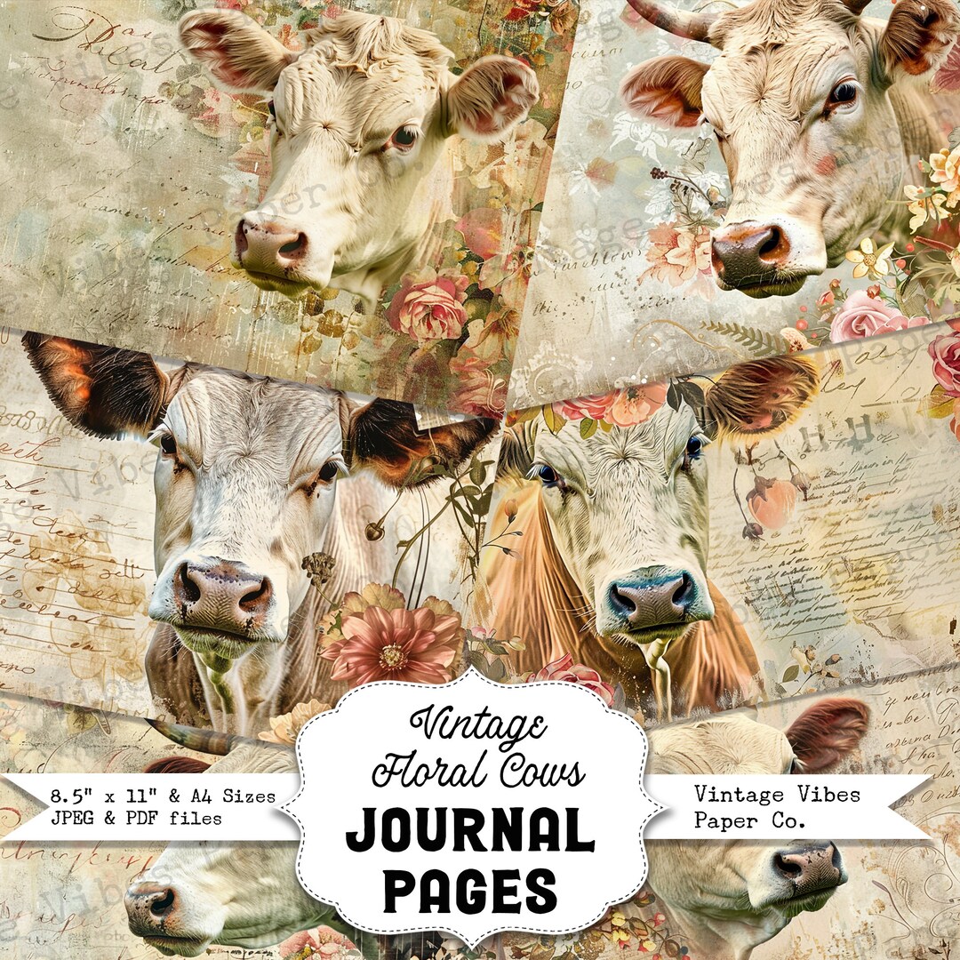 Vintage Floral Cows Junk Journal Papers, Botanical Flowery Cow Pages ...