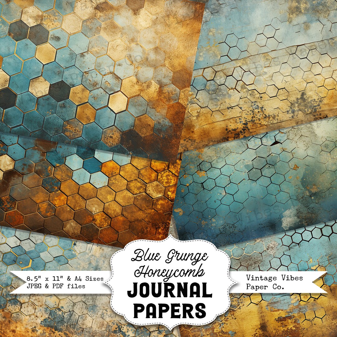 Blue & Gold Grunge Honeycomb Junk Journal Digital Papers, Hexagon ...