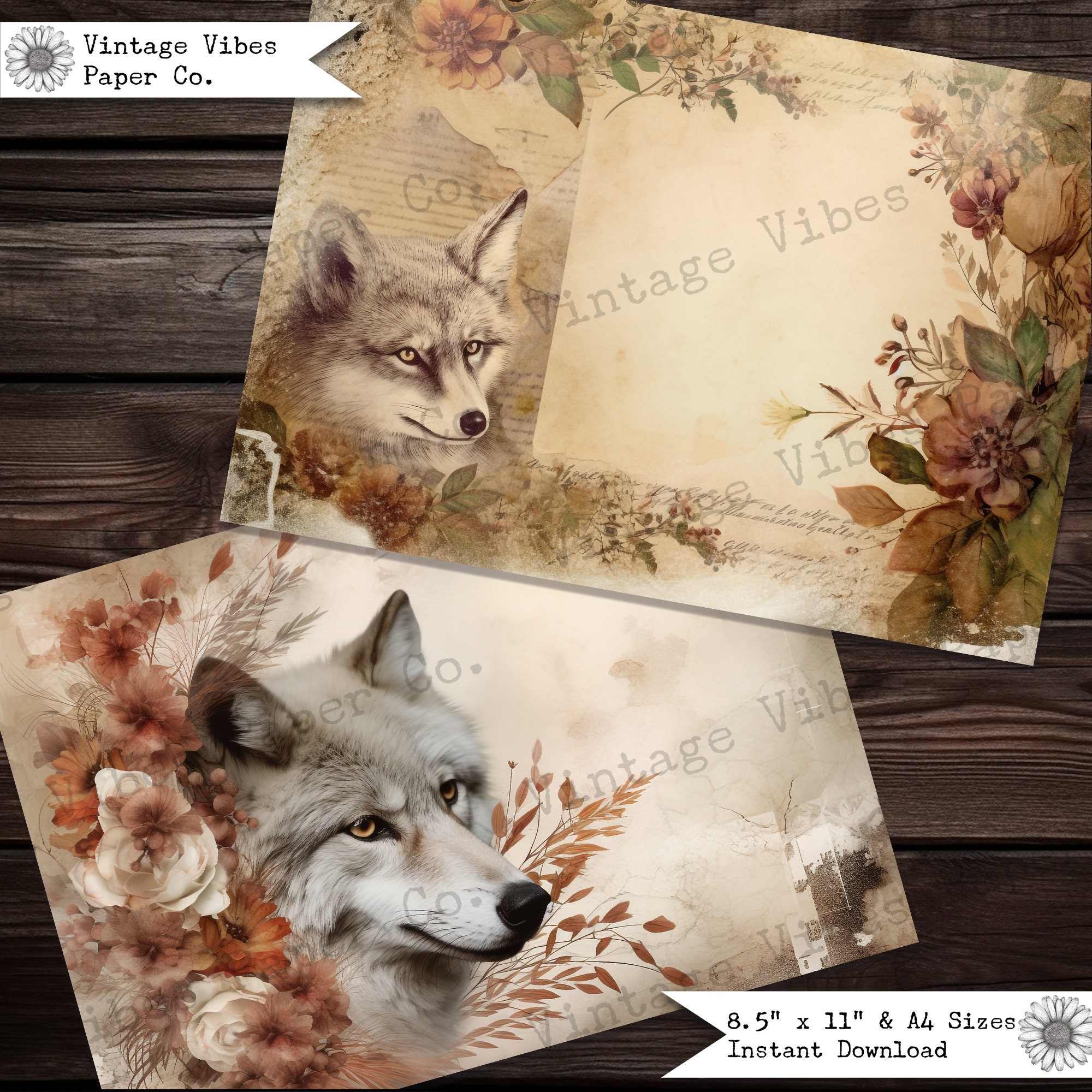 Junk Journal Papers Autumn Wolf Digital Paper Pack, Junk Journal ...