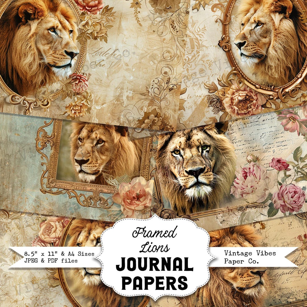 Framed Lions Vintage Floral Backgrounds Junk Journal Digital Papers ...