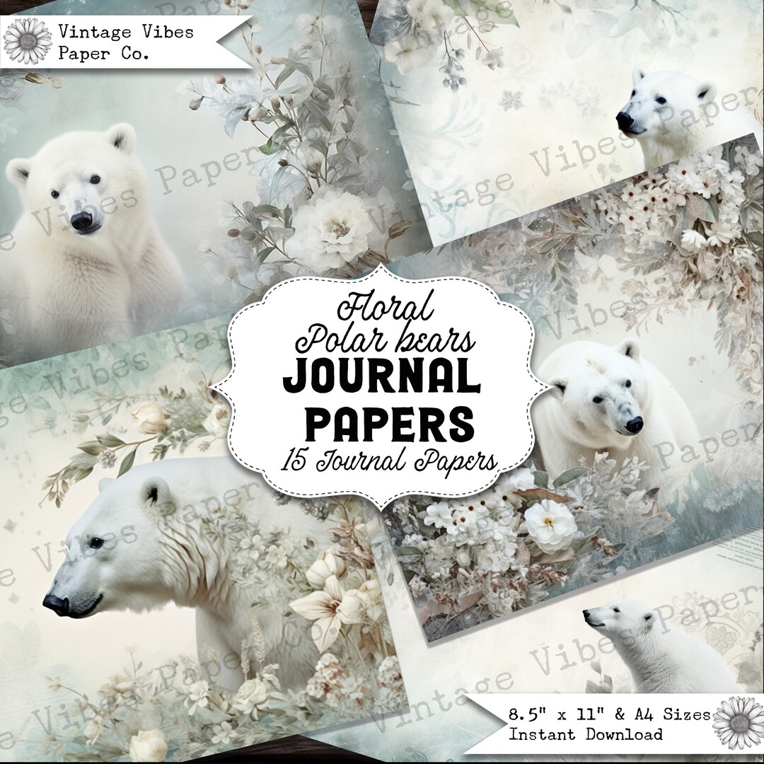 Floral Polar Bear Vintage Junk Journal Papers, Digital Instant Download ...