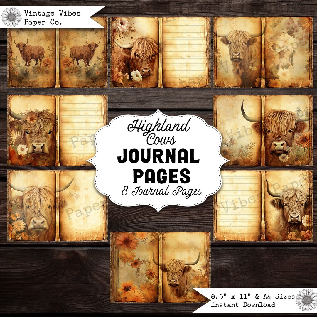 Junk Journal Pages Highland Cows, Printable Digital Junk Journal Papers ...
