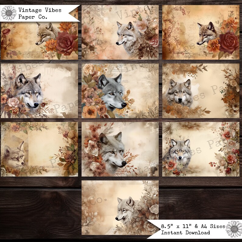 Junk Journal Papers Autumn Wolf Digital Paper Pack, Junk Journal ...