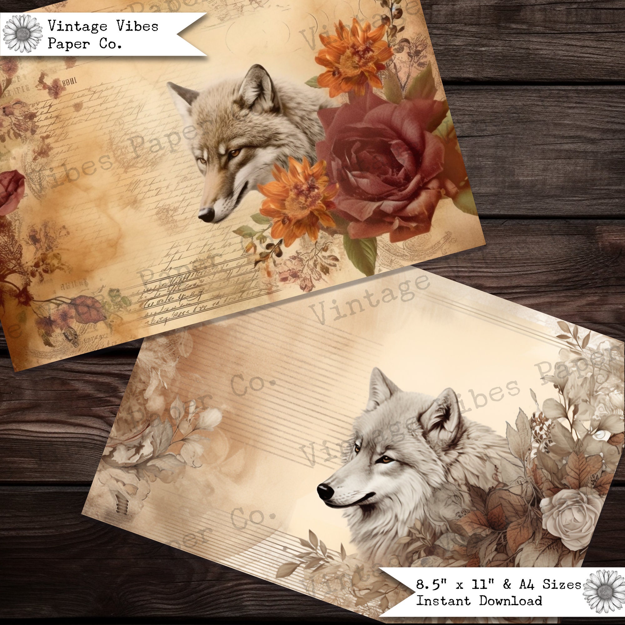 Junk Journal Papers Autumn Wolf Digital Paper Pack, Junk Journal ...