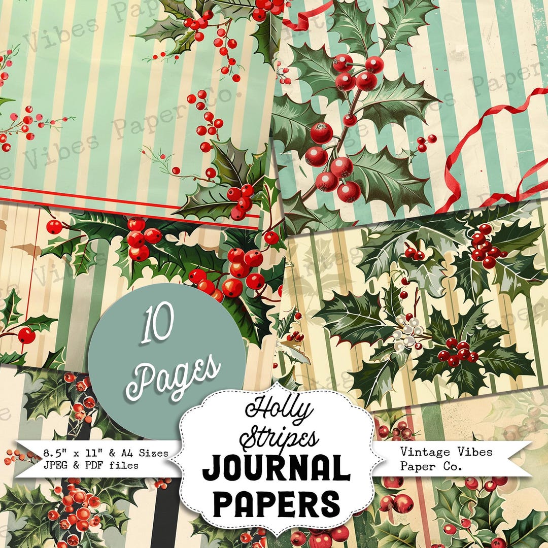 Vintage Christmas Holly & Berry Stripe Junk Journal Digital Papers ...
