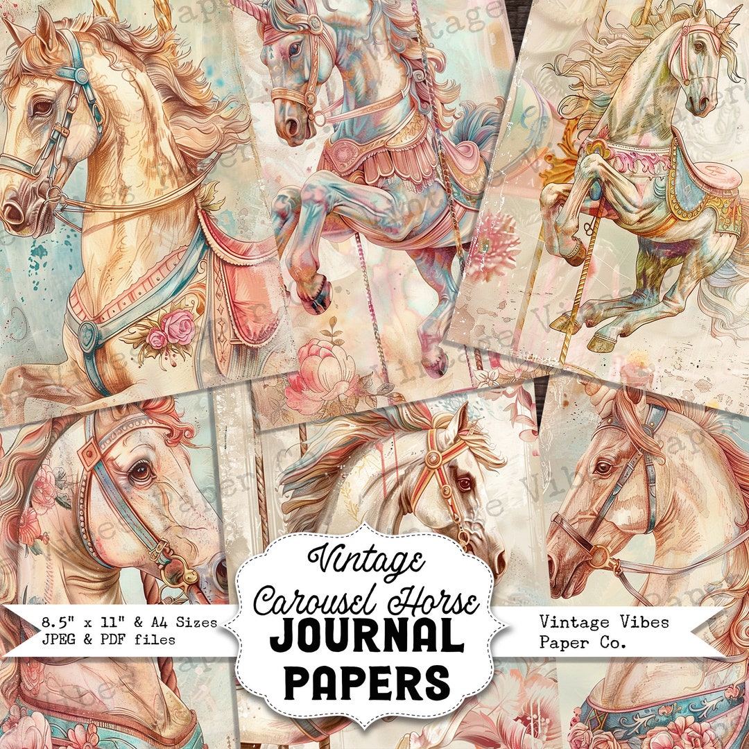 Vintage Carousel Horse Junk Journal Digital Papers, Pink Vintage Themed ...