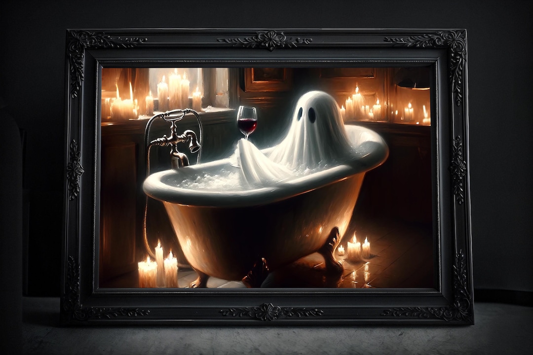 Ghost in the Bathtub Drinking Red Wine Canvas, Poster, Ghost Bathroom ...